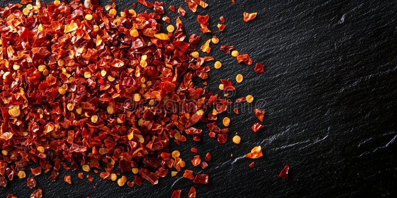 Dried Red Chili Pepper Flakes on Black Slate Stock Illustration ...