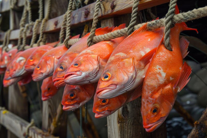 Red fish drying on rope stock image. Image of summer - 328918055