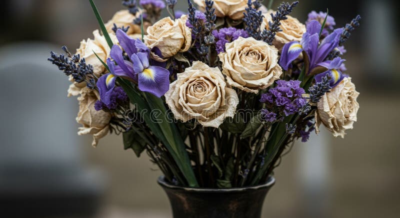 Dried Rose and Lavender Bouquet in Dark Vase Stock Illustration ...