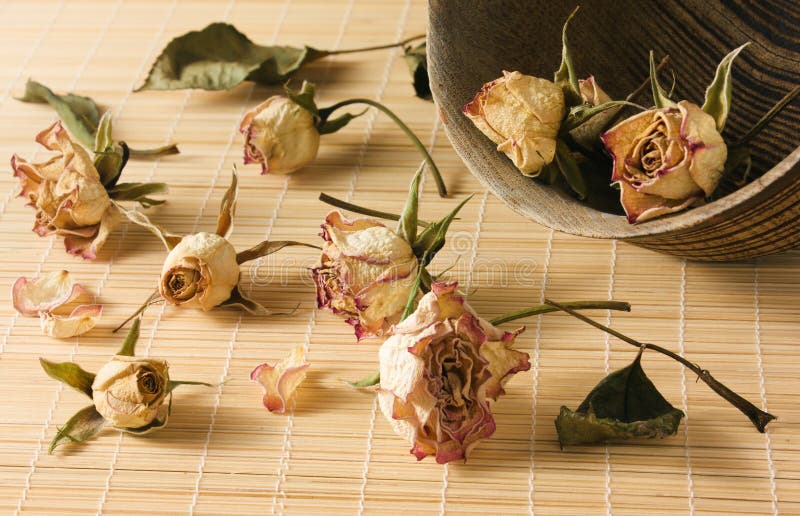Dried Rosebuds Scattered from Wooden Bowl Stock Photo - Image of head ...