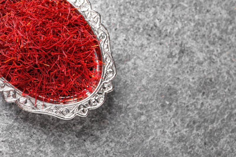 Dried Saffron on Grey Table, Top View. Space for Text Stock Photo ...