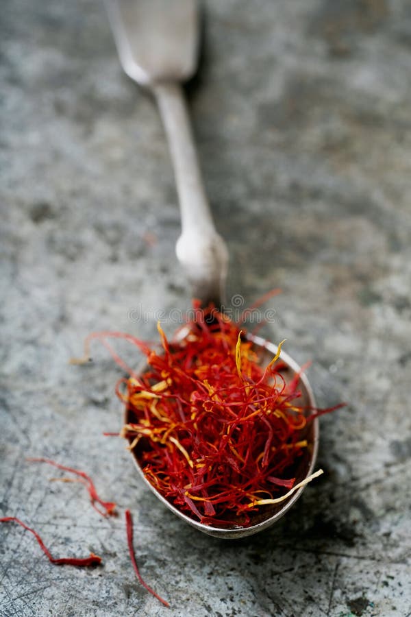 Dried Saffron Spice Threads in Metal Spoon Stock Image - Image of ...