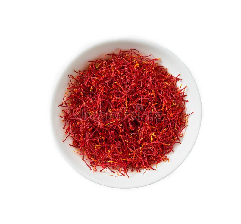 Dried Saffron Spices in a Ceramic Bowl Isolated on White Background Top ...
