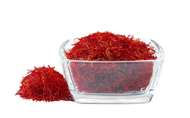Dried Saffron Spices in a Clear Glass Bowl Isolated on White Background ...