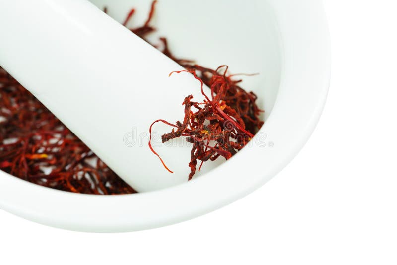 Dried Saffron Threads in White Ceramic Mortar Stock Photo - Image of ...