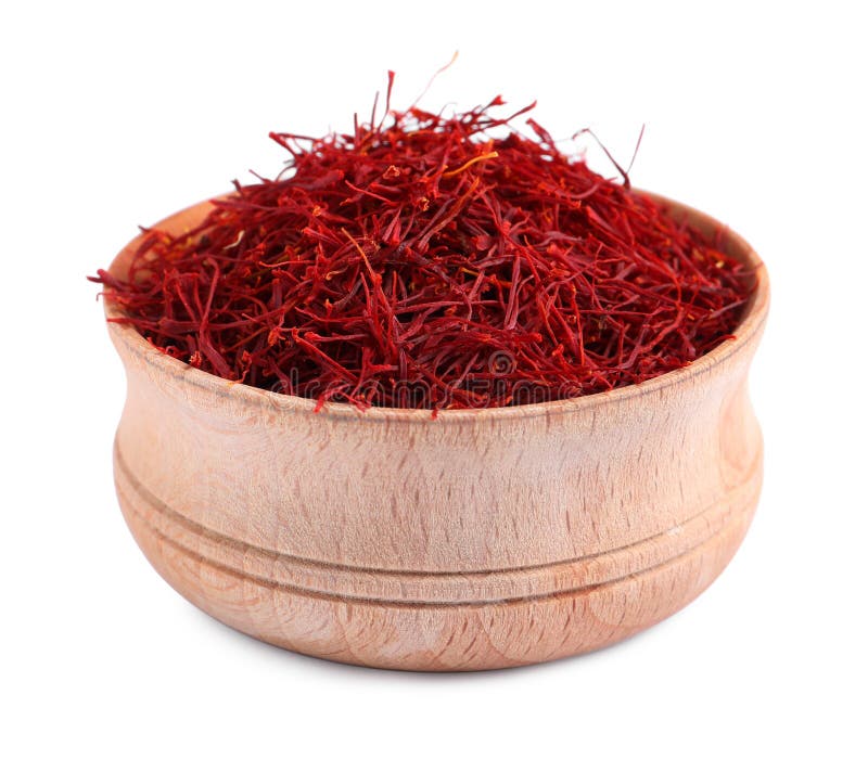 Dried Saffron in Wooden Bowl Isolated on White Stock Photo - Image of ...