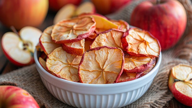 Dried Sliced Apples Displayed in White Bowl with Fresh Apples in ...