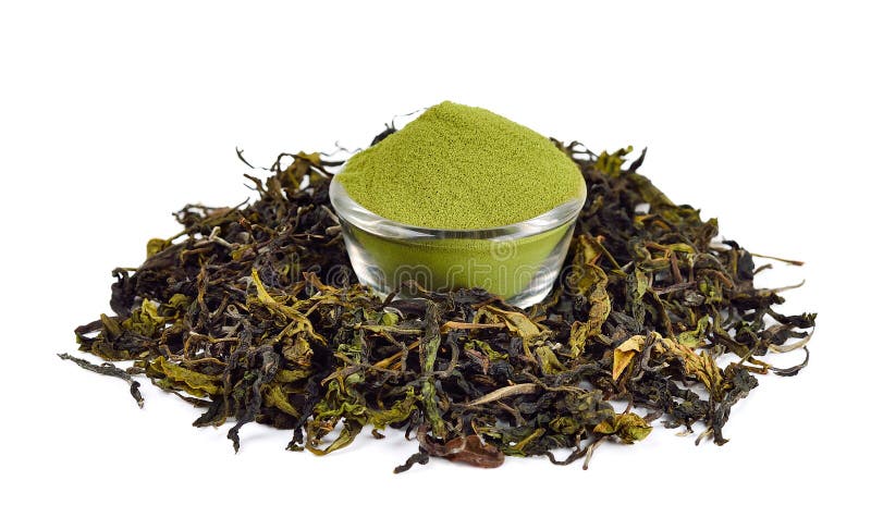 Dried Tea Leaf and Powder with Bowl Isolated on White Stock Photo ...