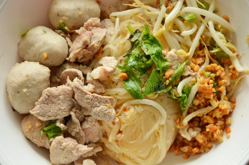 Dried Thin Rice Noodle with Pork Ball and Boiled Meat on Bowl Stock ...