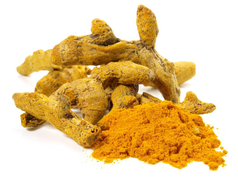 Dried Tumeric Root with Tumeric Powder on White Background - Isolated ...