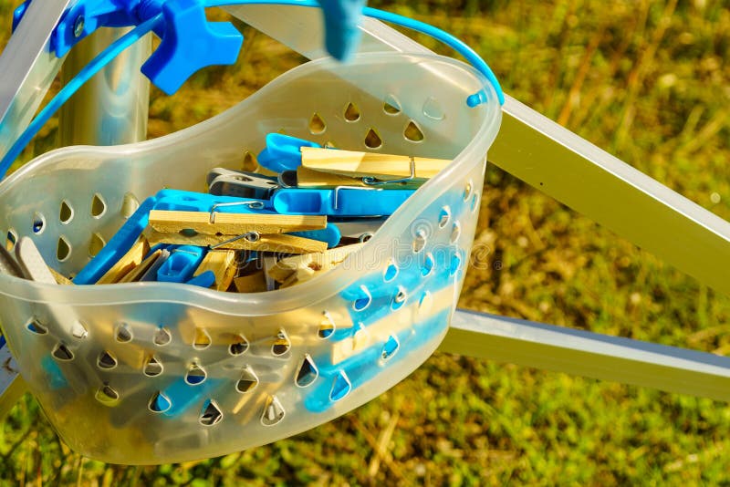 Drier and Cloths Pins in Bucket Used for Hanging Wet Laundry Stock ...