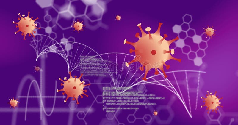 Drifting Orange Virus Particle on Purple Gradient with White DNA Helix ...