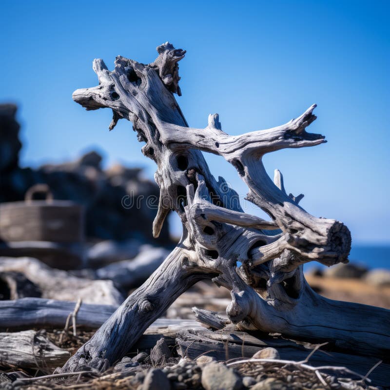 Driftwood on the Beach by the Ocean Stock Illustration - Illustration ...
