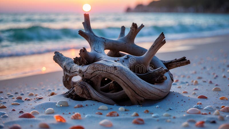 Driftwood Sculpture on Seashells Beach at Sunset Stock Illustration ...