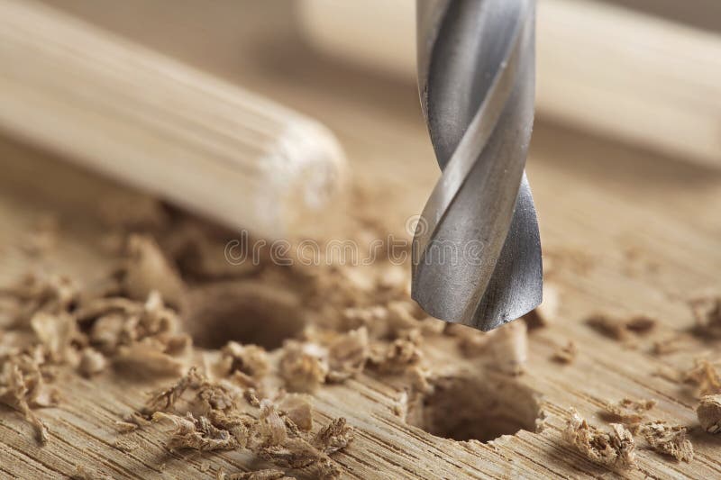 Drill Bit Makes Hole in Wooden Oak Board for Wooden Dowel Stock Photo ...