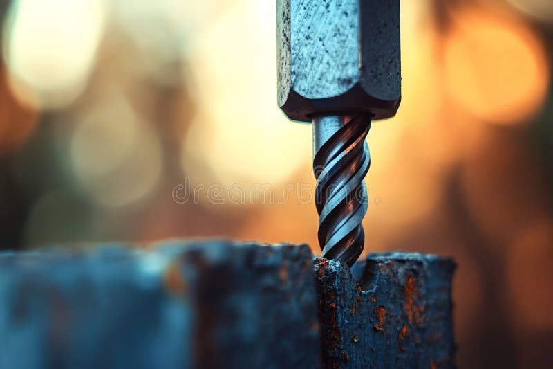 Drill Bit Piercing Metal in Workshop: Manufacturing Process Close-up ...