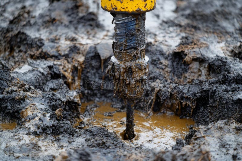 A Drill Bit is Visible Emerging from the Muddy Ground, Covered in Fresh ...
