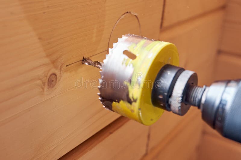 Drill with Crown Making Hole in Wooden Wall for Electric Cable, Socket ...