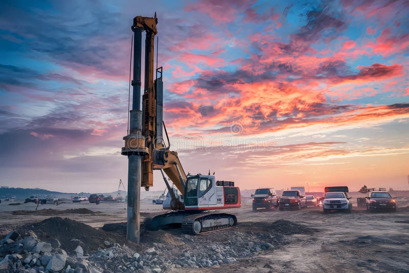 A Drill Machine on Construction Site Digging at Sunrise or Sunset with ...