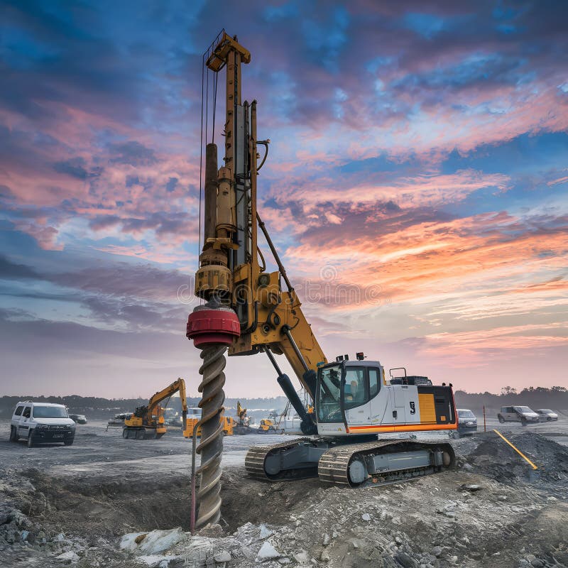 A Drill Machine on Construction Site Digging at Sunrise or Sunset with ...