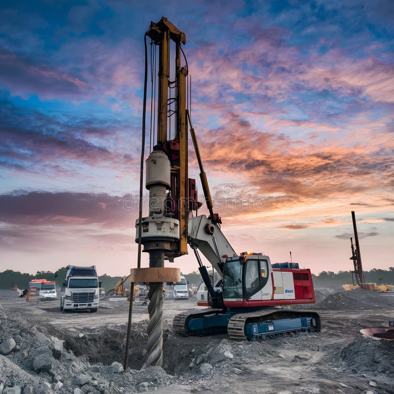 A Drill Machine on Construction Site Digging at Sunrise or Sunset with ...