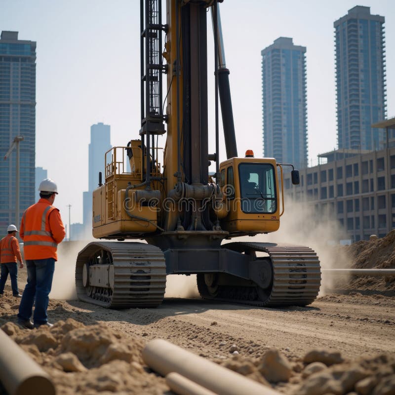 Drill Machine Works in Busy City Construction with Towering Cranes and ...