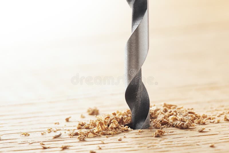 Drill Makes a Hole in the Wooden Oak Table with Wood Stock Photo ...