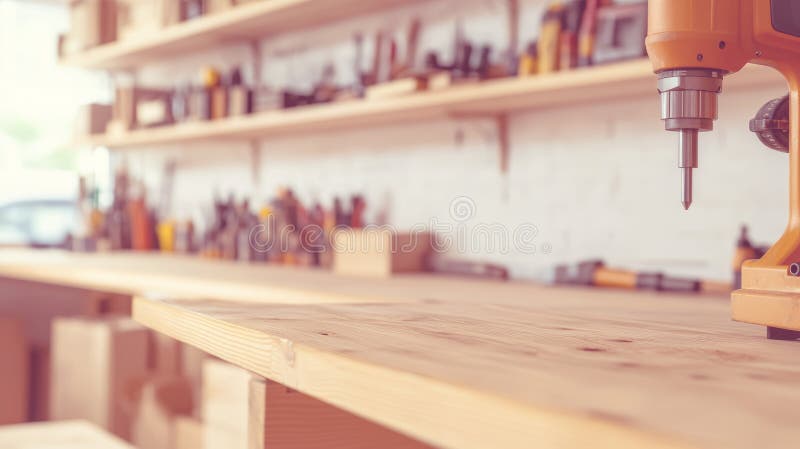 Drill Press Standing on Wooden Workbench in Carpentry Workshop with ...