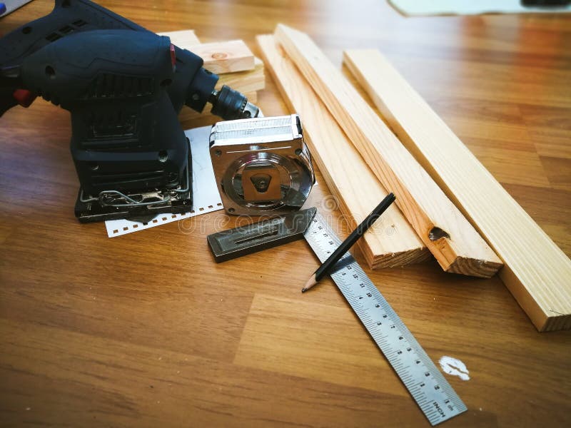 Drill and Set of Drill on Wooden Table. Stock Photo - Image of industry ...