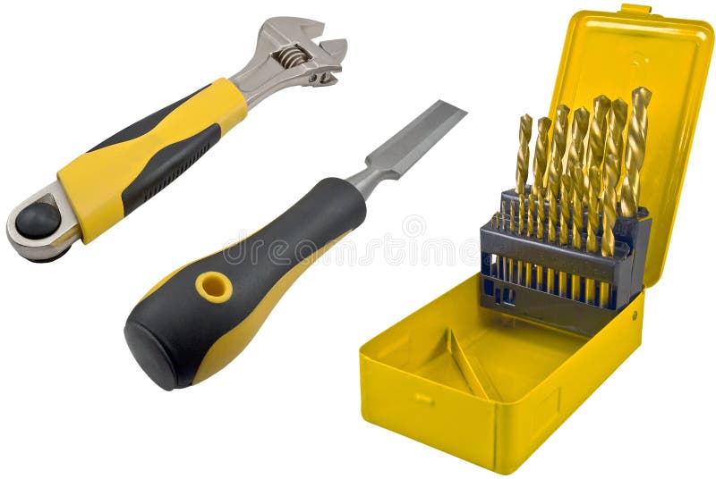 Drill, Spanner and chisel stock photo. Image of building - 91057610