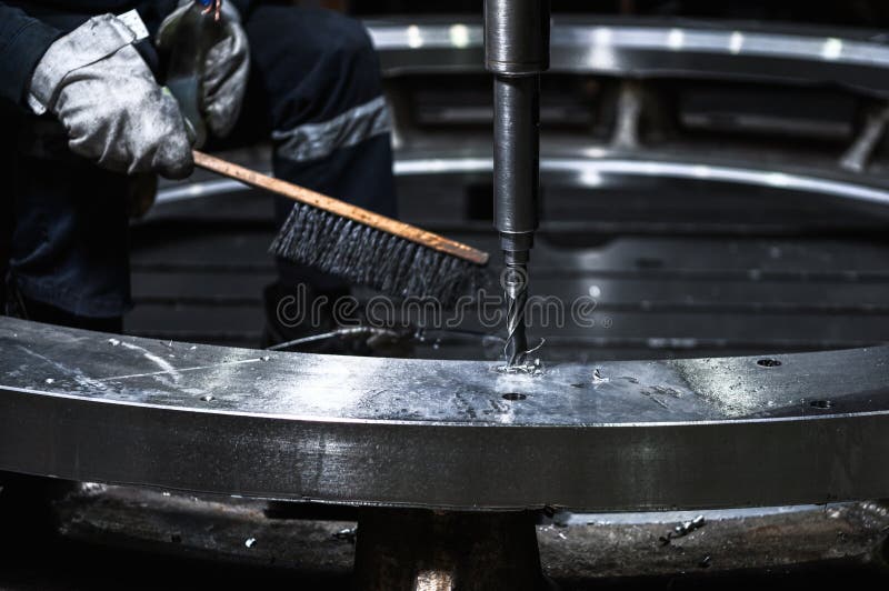 Drilling a Hole in a Large Metal Ring. Radial Vertical Drilling Machine ...
