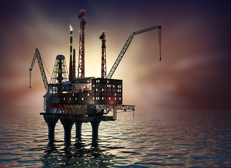 Drilling Offshore Platform in Night Sea. 3D Image. Stock Illustration ...