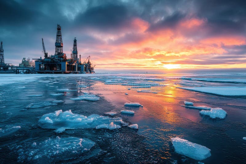 Drilling Platform Operates in Arctic Landscape Under Vibrant Sunrise ...
