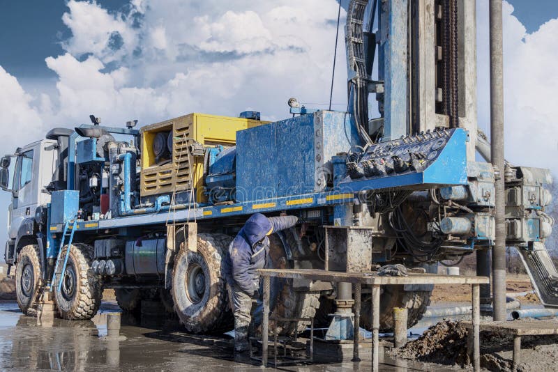 Drilling Rig Close-up at a Construction Site. Deep Hole Drilling ...