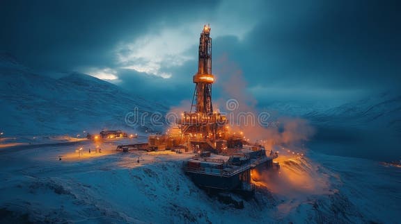 Drilling Rig Operates Efficiently in a Remote, Icy Landscape Under a ...