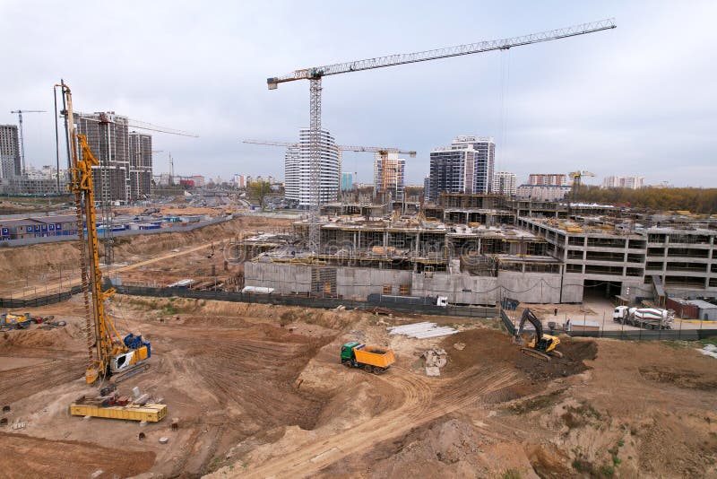 Drilling Rig and Pile Driver at Construction Site. Deep Foundation ...