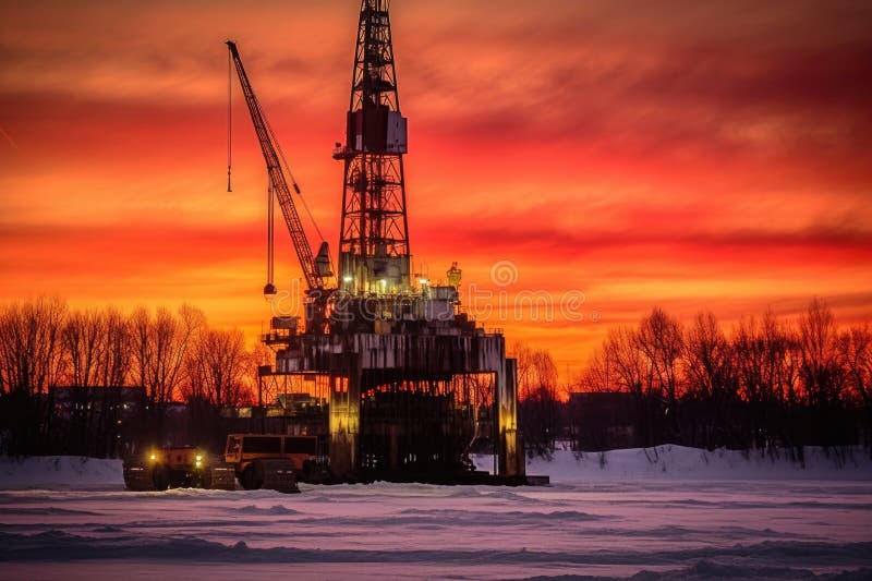 Drilling Rig Silhouette Against Icy Sunset Stock Photo - Image of ...
