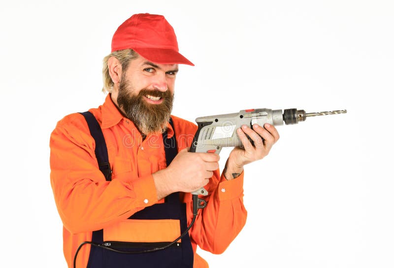 For Drilling Solid Wall You Need Masonry Bit. Man in Cap with Drills ...