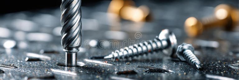 Drilling into Steel Sheet with Screws Scattered Around, Showing Tools ...