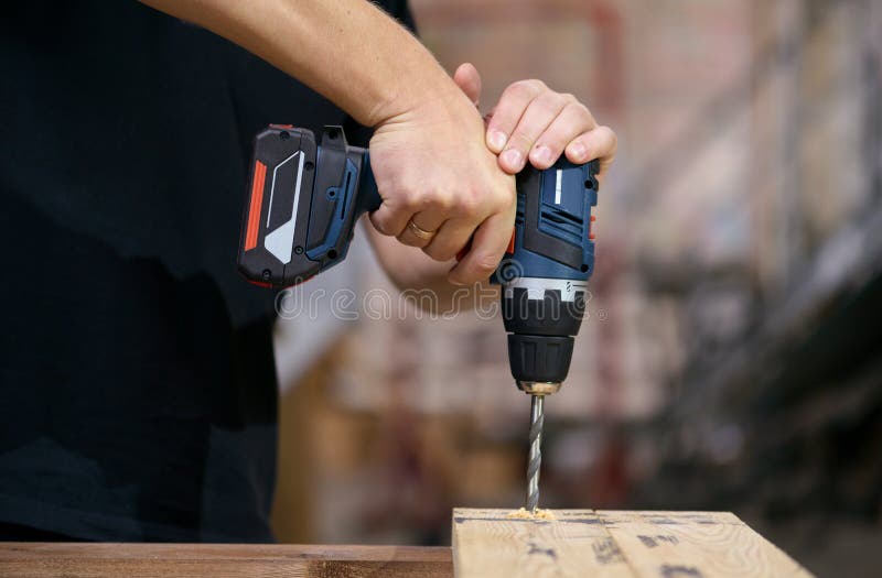 Drilling Wood Battery Drill Stock Image - Image of device, hardware ...