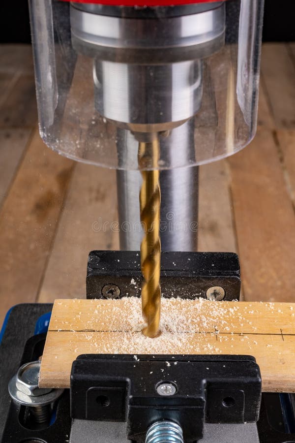 Drilling in Wood with Professional Tools. Work on a Bench Drill Stock ...