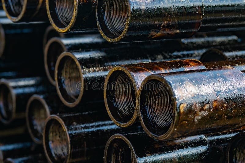 Drillpipe on Oil Rig Pipe Deck. Oil and Gas Industry. Work of Oil Pump ...