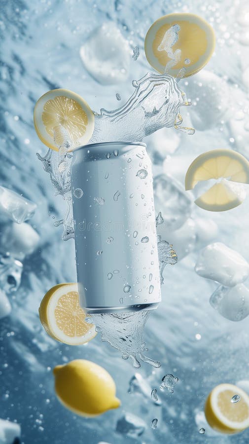 Drink Can with Liquid Splashes and Lemons Slices on Light Background ...