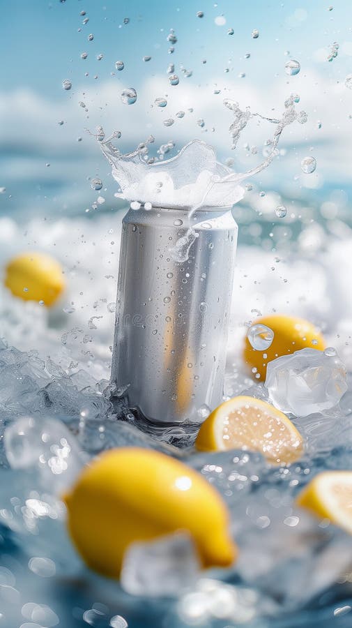 Drink Can with Liquid Splashes and Lemons Slices on Light Background ...