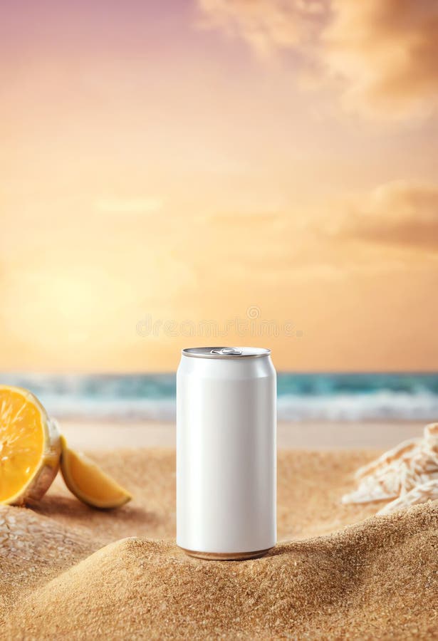 Drink Can Packaging Mockup with Vibrant Summer Beach Stock Illustration ...