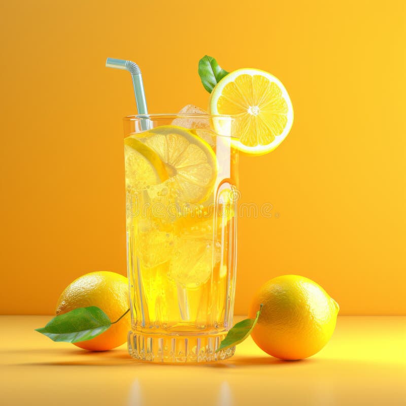 Realistic 3d Render of Lemonade with Straw and Lemon on Yellow ...