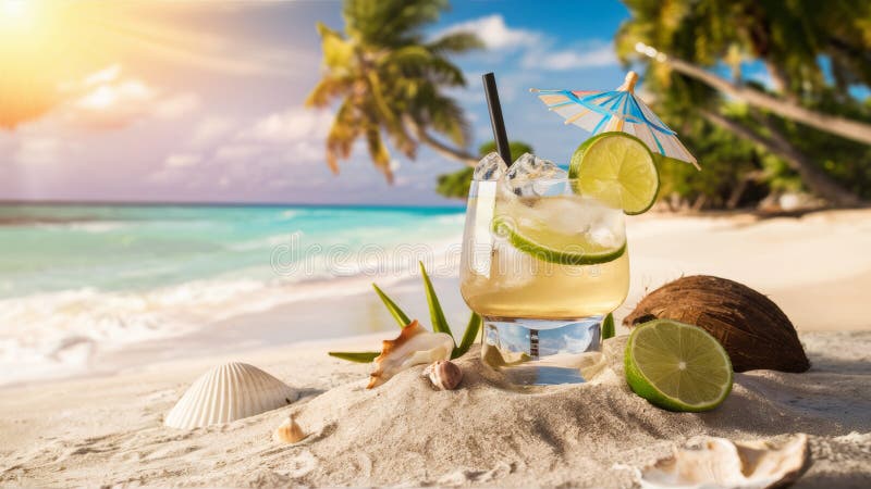 A Drink with Lime Slices and a Straw on the Beach, AI Stock Image ...