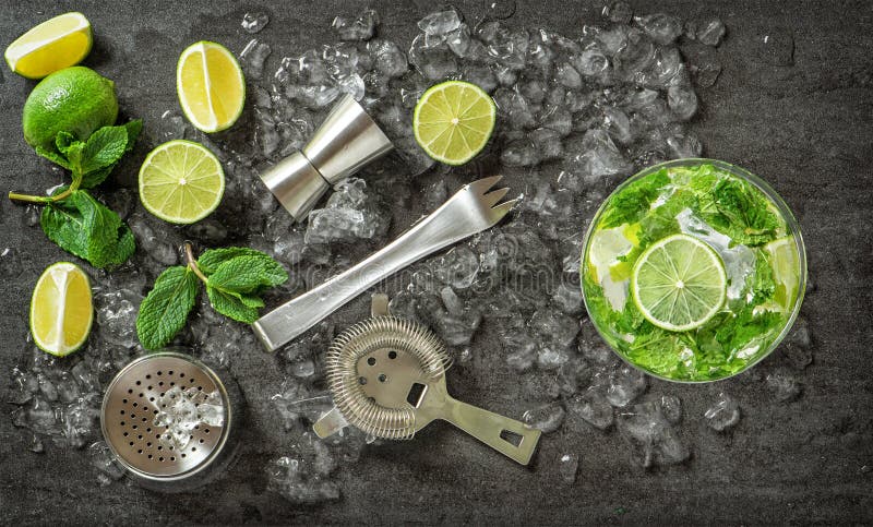 Drink Making Tools and Ingredients for Cocktail Lime Mint Stock Image ...