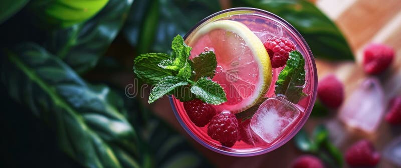 Drink with Raspberry, Mint Leaves and Lemon, Clean-lined Stock Photo ...