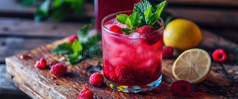 Drink with Raspberry, Mint Leaves and Lemon, Clean-lined Stock Image ...